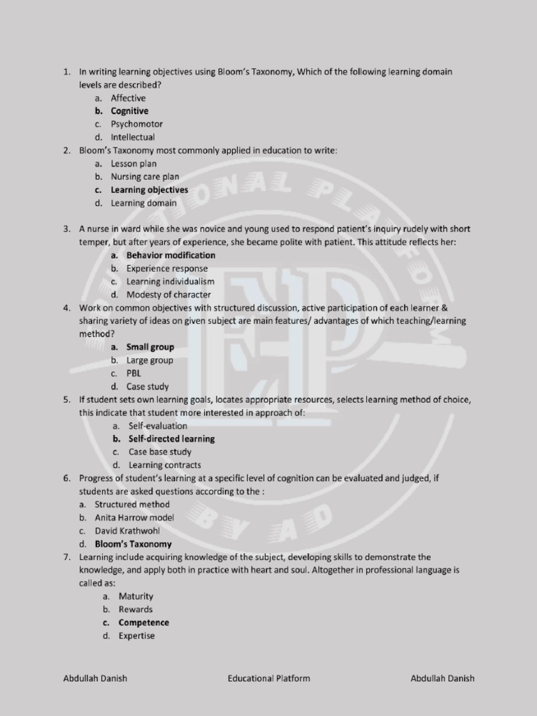 Teaching Learning Principle 5th Semester BSN MCQS, Educational Platform ...