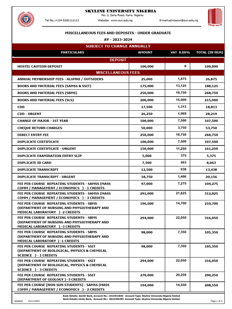 Miscellaneous Fees and Deposits - Under Graduate | PDF | Fee