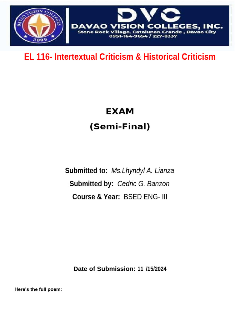 Semi Final Exam 116 Cedric | PDF | Genesis Creation Narrative