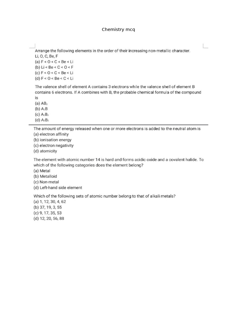 Chemistry MCQs for Students | PDF