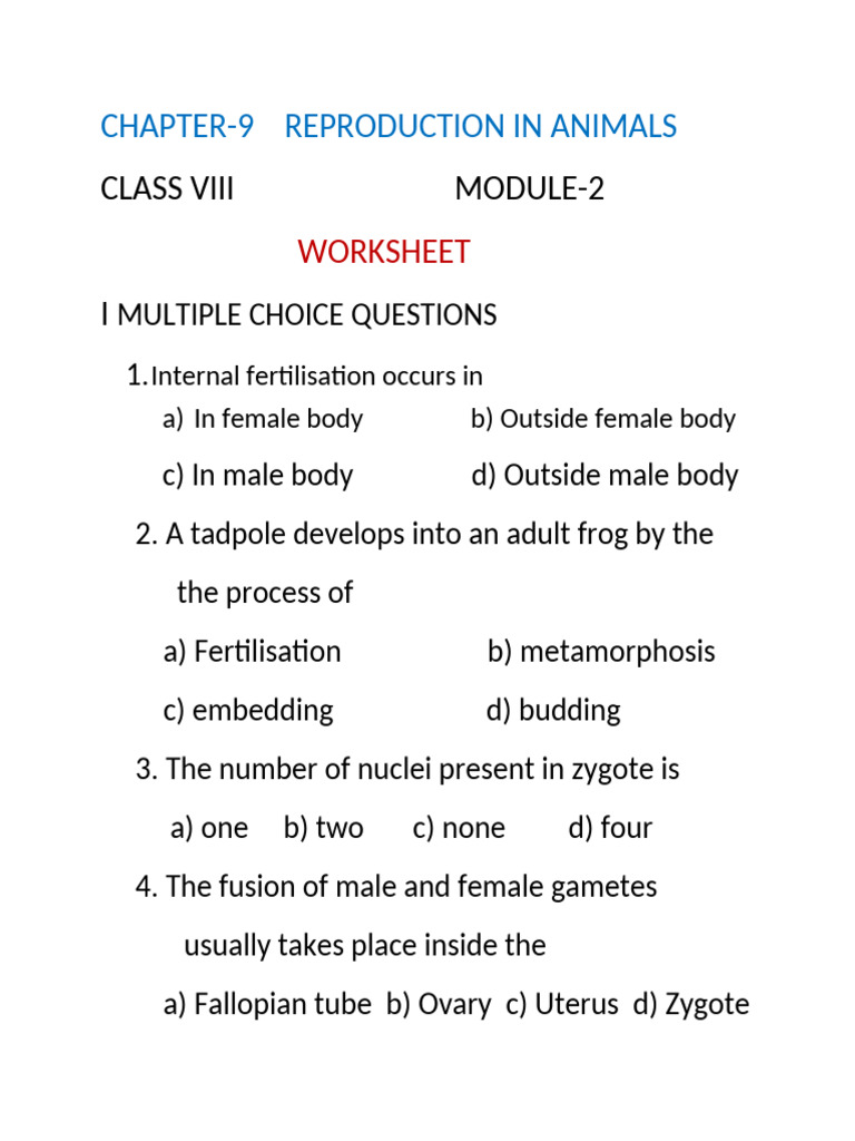 Viii Sci L09 M02 Reproduction in Animals Worksheet | PDF