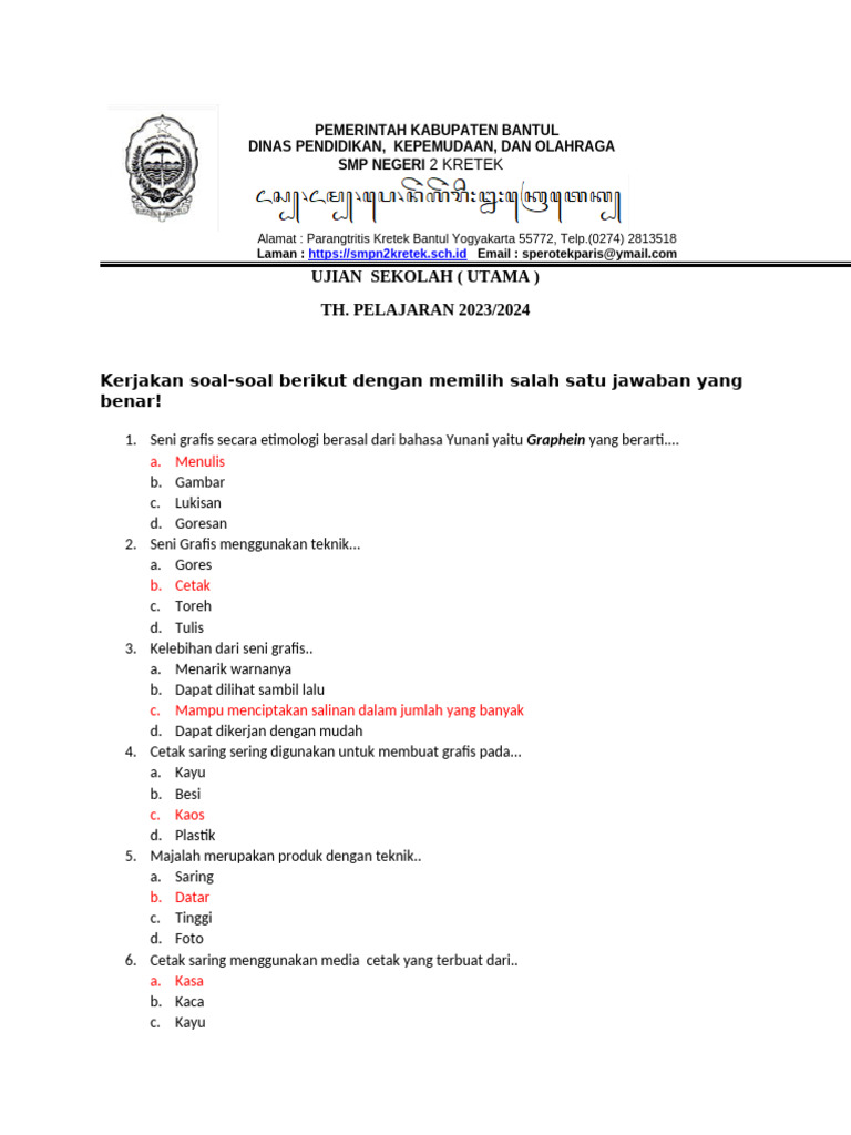 SOAL USEK 2023-2024setorseni BUdaya | PDF