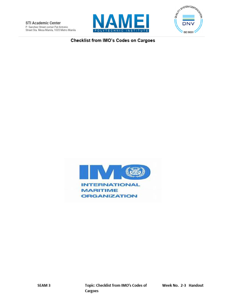 SEAM 3 Week 2 3 Checklist From IMOs Codes On Cargoes | PDF | Dangerous Goods | Cargo