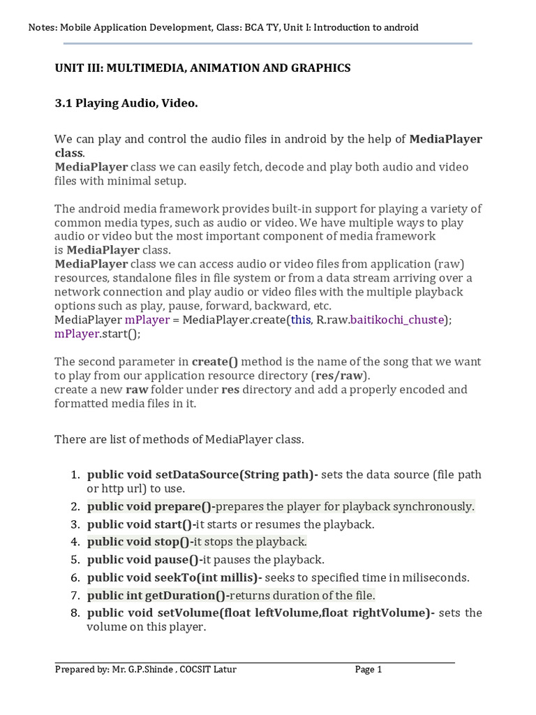 BCA TY Mobile Application Development UNIT III Multimedia, Animation ...