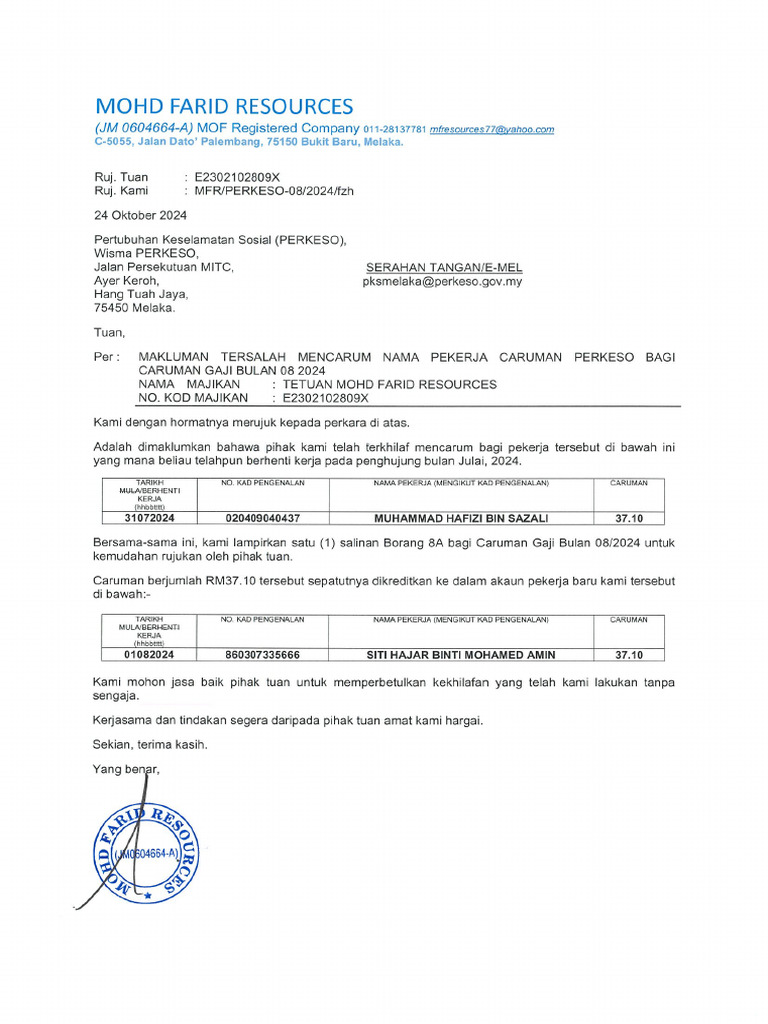 Surat Perkeso 24-10-2024 | PDF