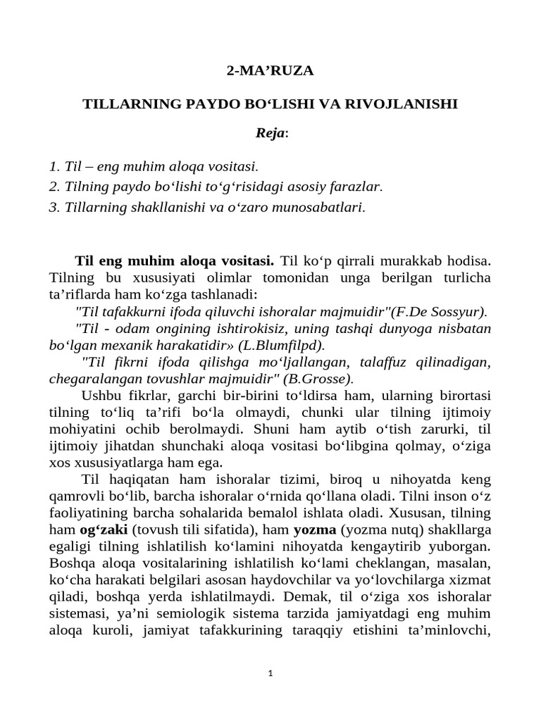 2 Ma'Ruza Tillarning Paydo Bo'Lishi Va Rivojlanishi Lotin | PDF