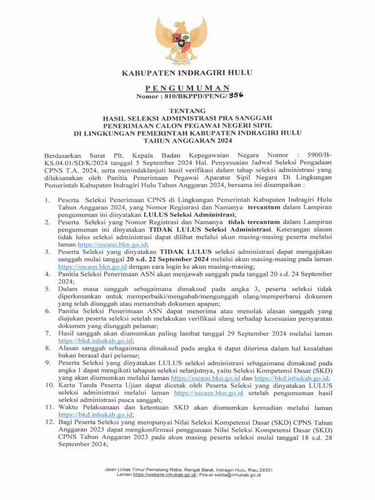 Pengumuman Hasil Seleksi Administrasi Pra Sanggah Penerimaan CPNS Di Lingkungan Kabupaten ...