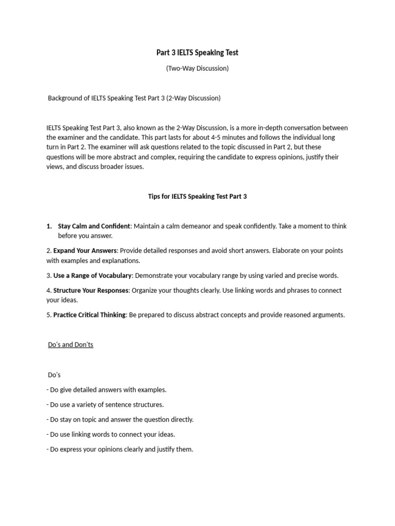 IELTS Speaking Test Part 3 Tips | PDF | International English Language ...