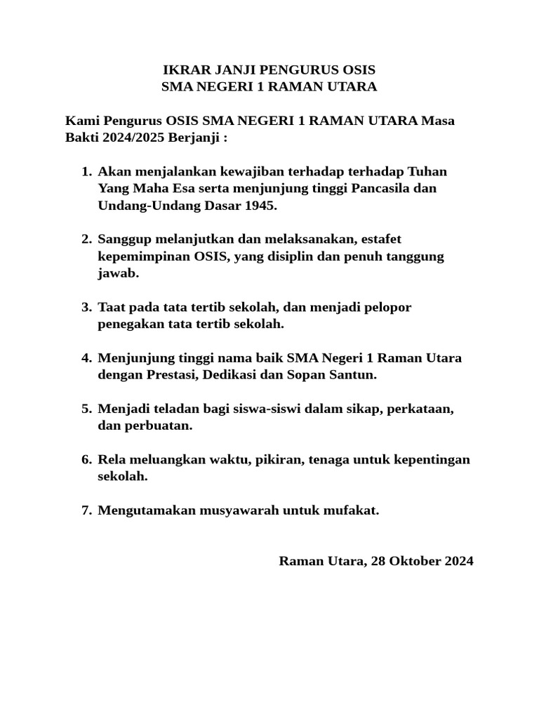 Ikrar Janji Pengurus Osis | PDF