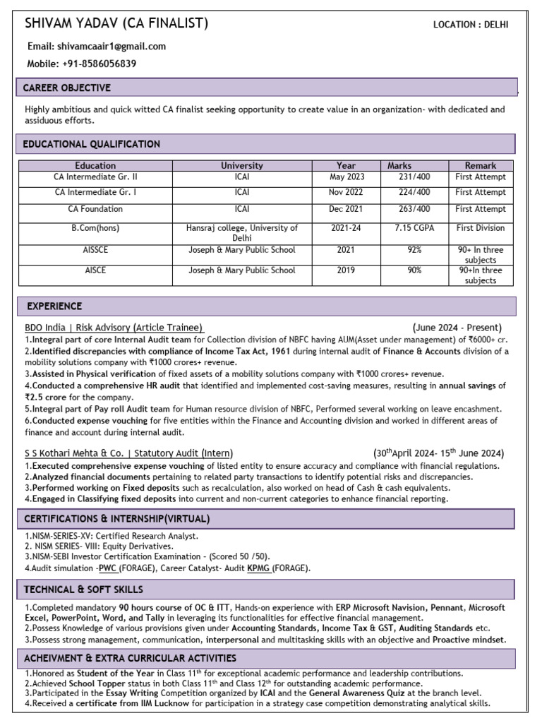 Shivam Yadav CV | PDF | Audit | Accounting