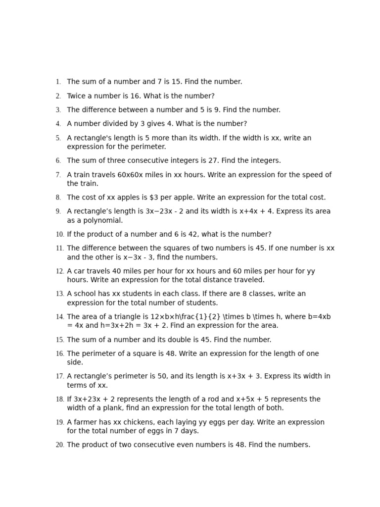 Algebra Word Problems Involving x | PDF