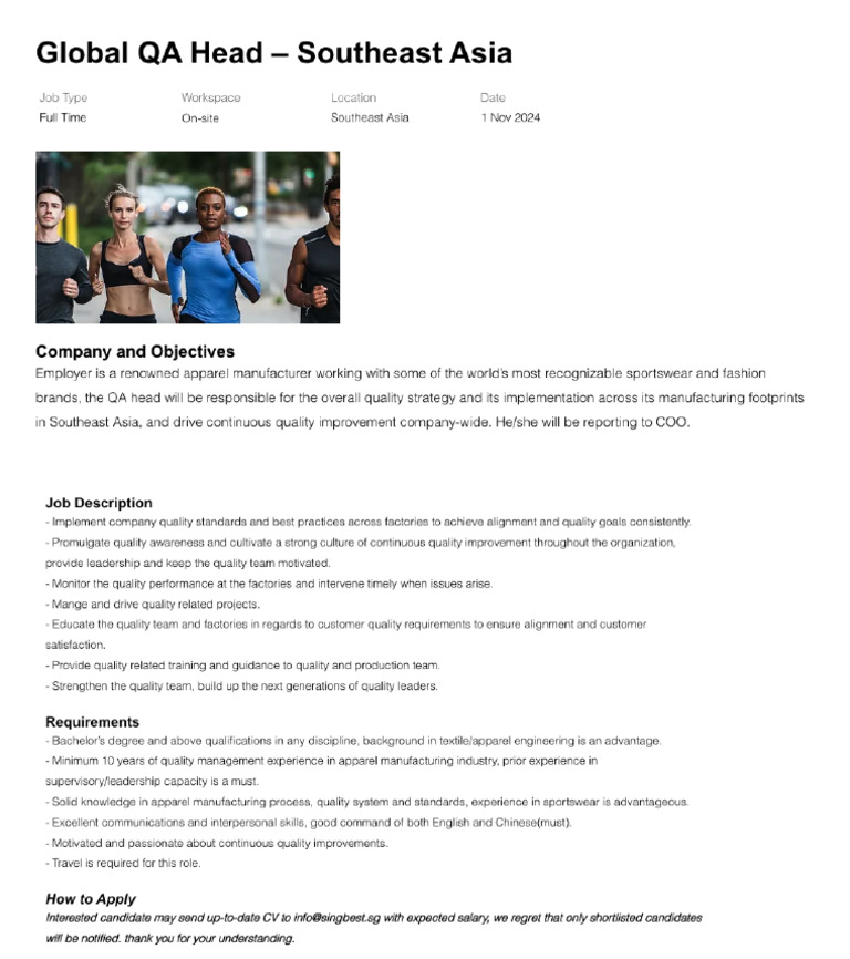 Global Quality Head - Apparel | PDF