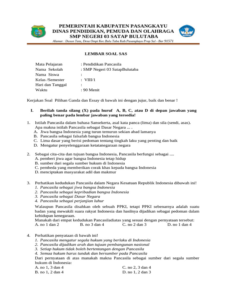 Soal PAS Pendidikan Pancasila Kelas 8 Ganjil | PDF
