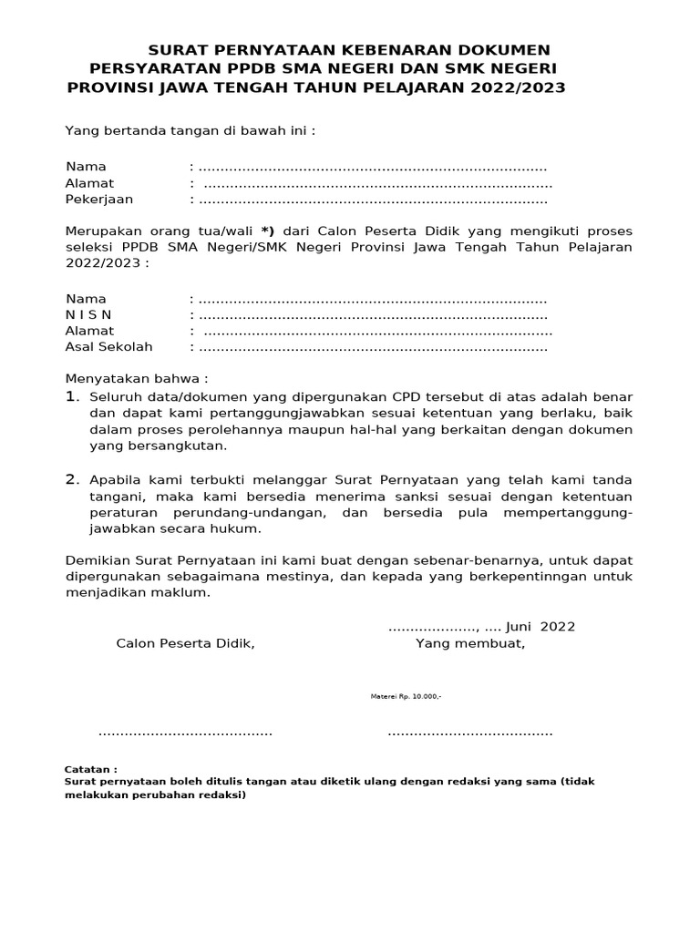 Surat Pernyataan Kebenaran Dokumen PPDB | PDF