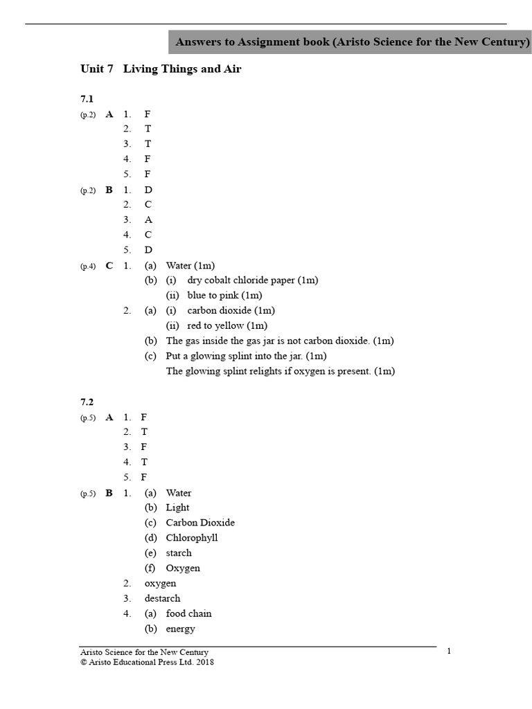 Aristo Science For The New Century Assignment Book 2A Unit 7 Answers | PDF | Photosynthesis ...