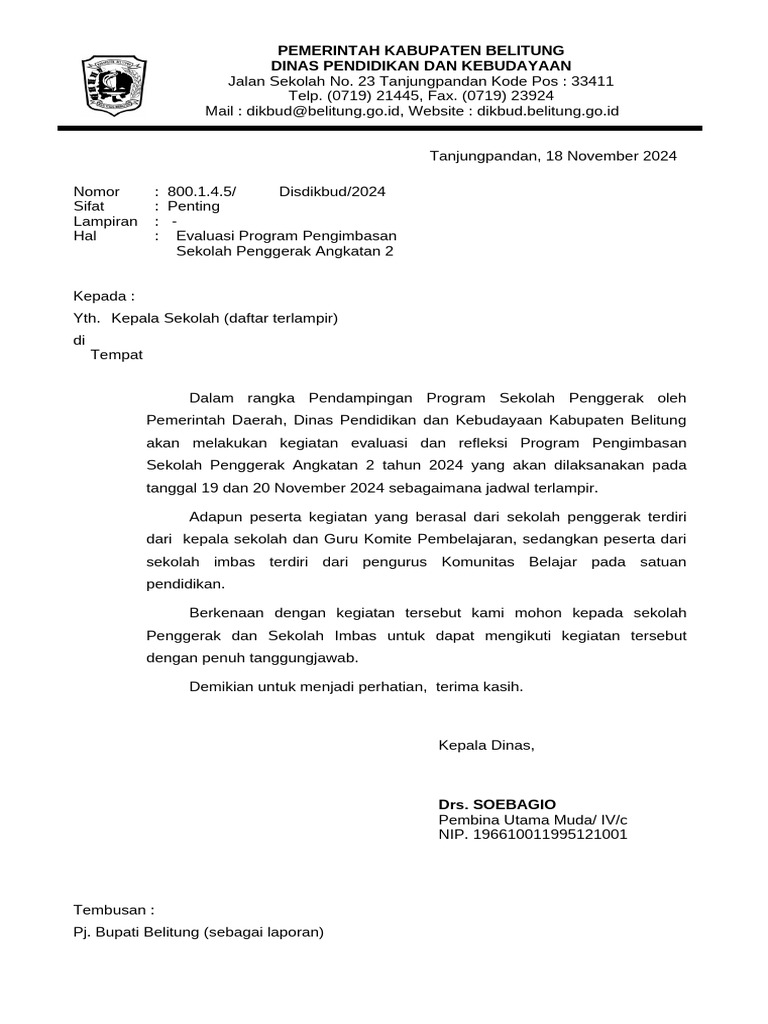 Surat Kegiatan Evaluasi Dan Refleksi Program Pengimbasan Sekolah ...