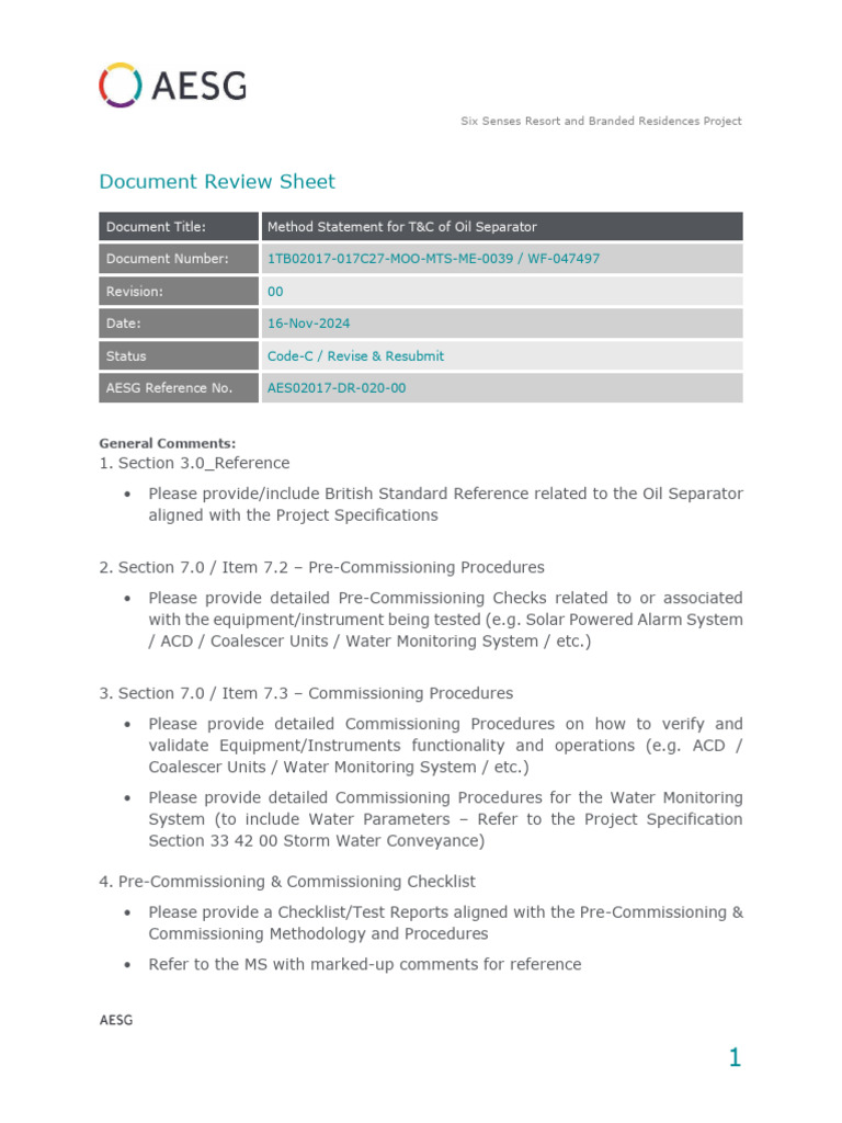 AES02017-DR-020-00 - 1TB02017-017C27-MOO-MTS-ME-0039-00 - MS For T&C of Oil Separator | PDF