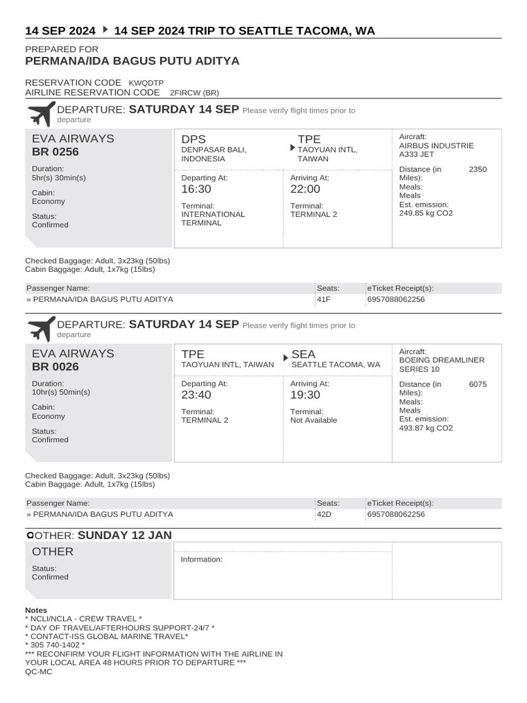 Travel Reservation September 14 For Ida Bagus Putu Aditya Permana | PDF | Jet Aircraft | Airlines
