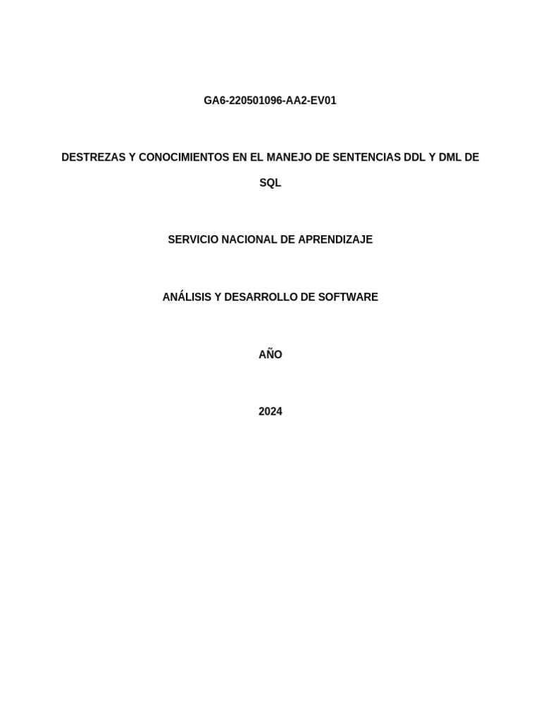 GA6 220501096 AA2 EV01 Destrezas y Conocimientos en El Manejo de Sentencias DDL y DML de SQL 1 ...