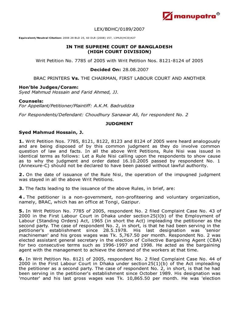 Brac Printers Vs The Chairman First Labour Court A 241113 104648 | PDF ...