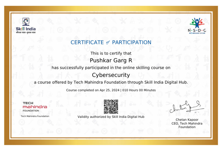 Cybersecurity Course Completion Certificate | PDF