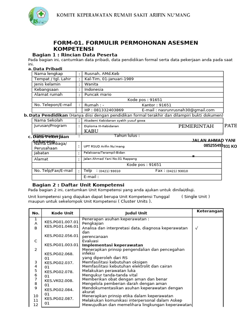 Form-01. Formulir Permohonan Asesmen Kompetensi: Bagian 1: Rincian Data ...
