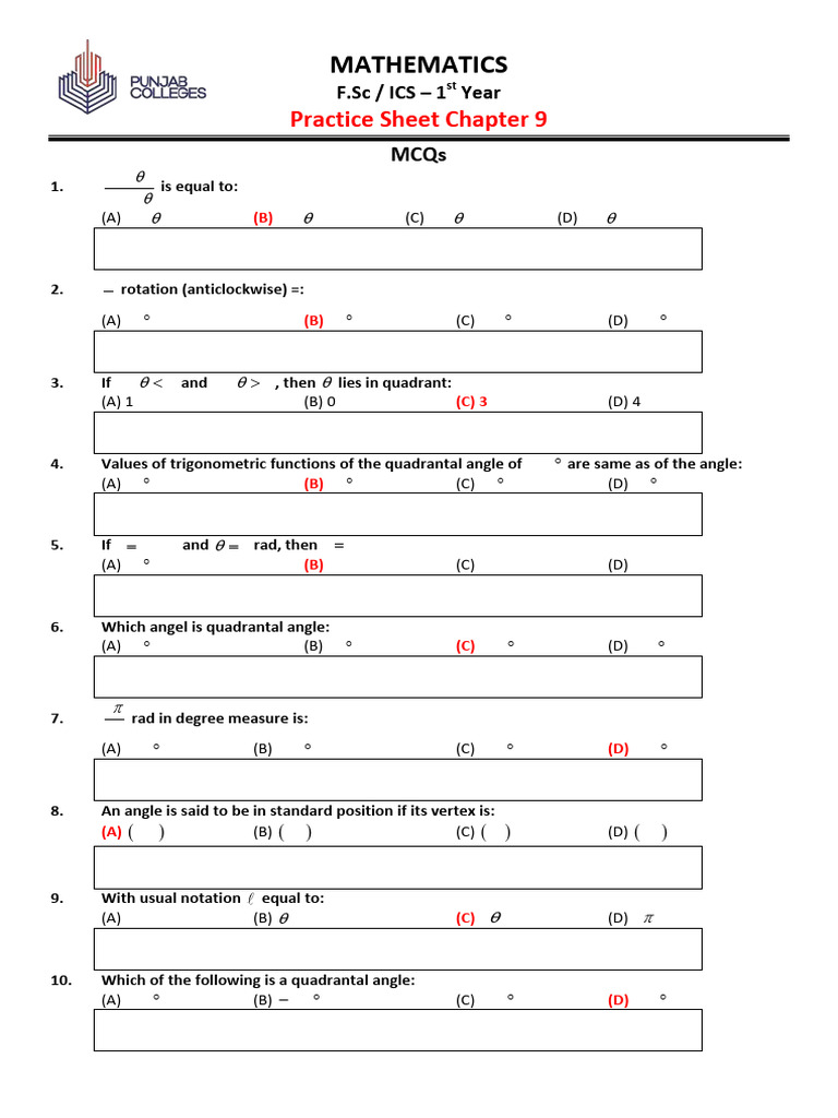 Math Practice Sheet P-1-Ch.9 | PDF | Angle | Metre
