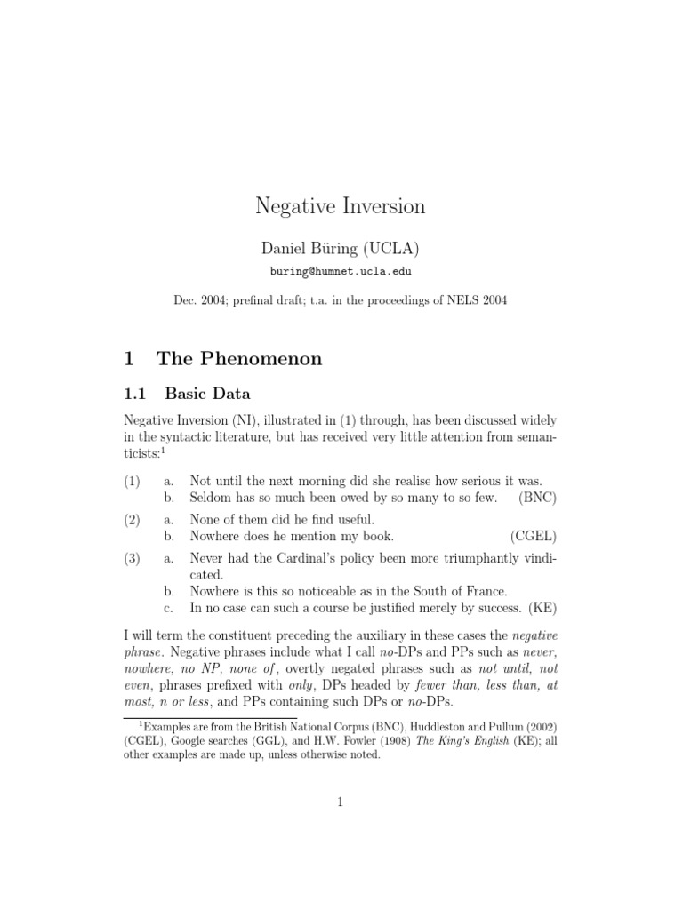 Negative Inversion Daniel B Uring (UCLA) | PDF | Clause | Grammar