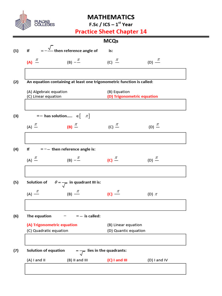 Math Practice Sheet P-1-Ch.14 | PDF | Trigonometric Functions | Equations
