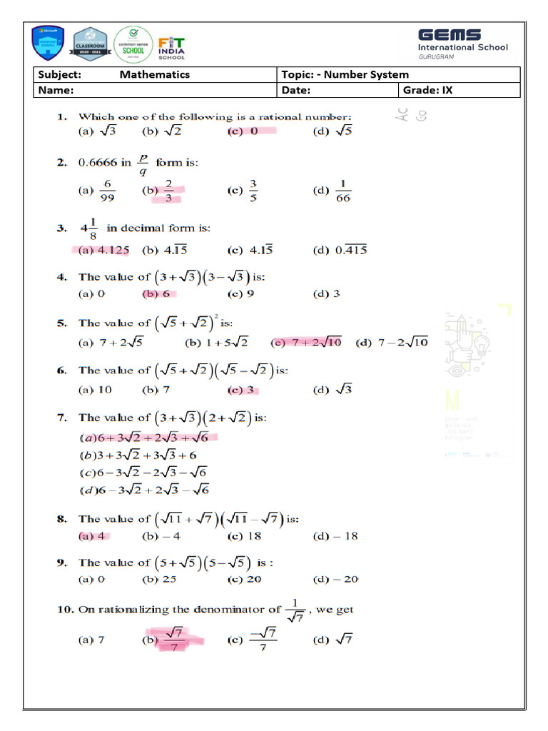 Revision Ws - Number System | PDF