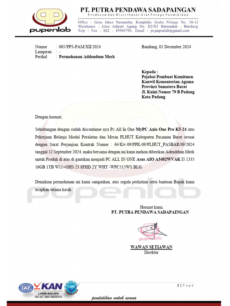 Surat Permohonan Addendum Merk - PT. PPS | PDF
