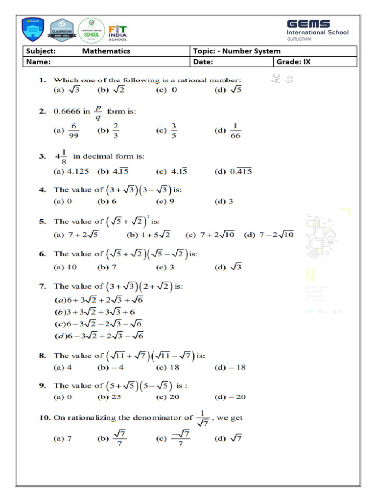 Revision Ws - Number System | PDF