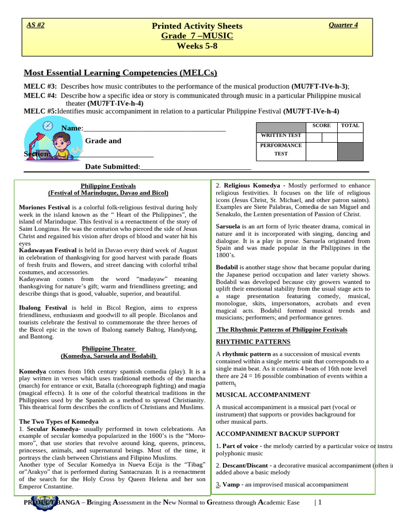 Music 7 Regular Activity-Sheets Weeks-5-8 q4 2-1 | PDF | Performing Arts