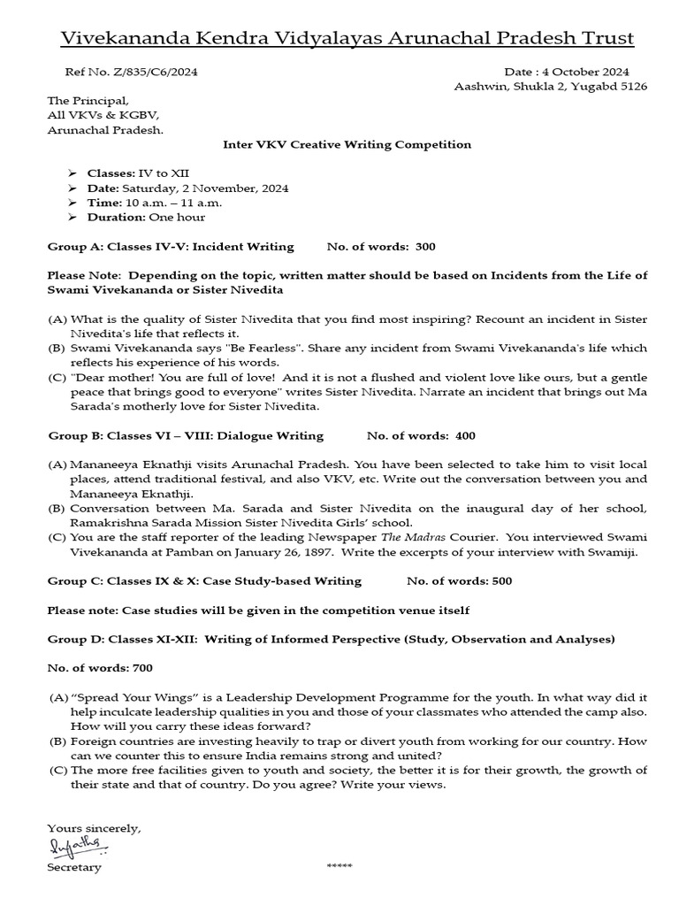 Creative Writing Competition Circular | PDF | Swami Vivekananda ...