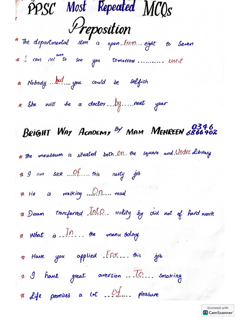 PPSC Preposition Most Repeated Mcqs by Mam Mehreen Sahiba | PDF