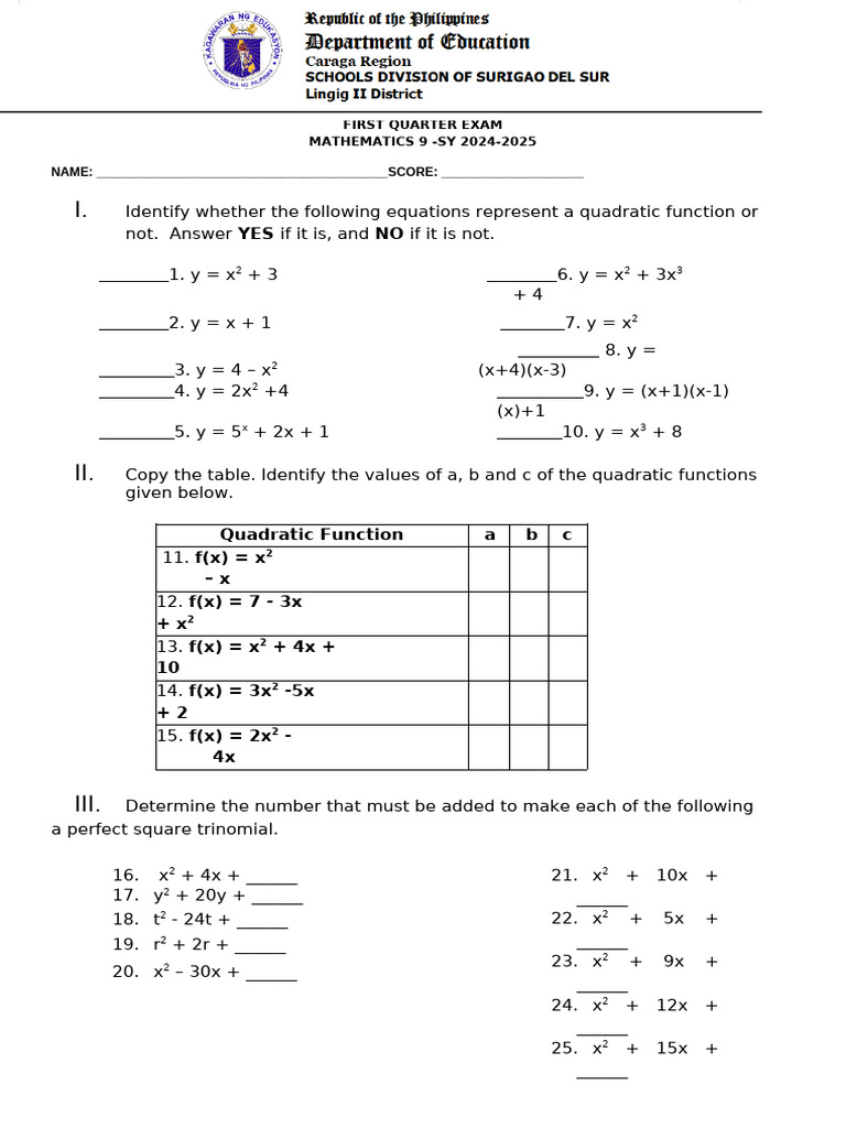 Second QUARTER EXAM - Math 9 | PDF
