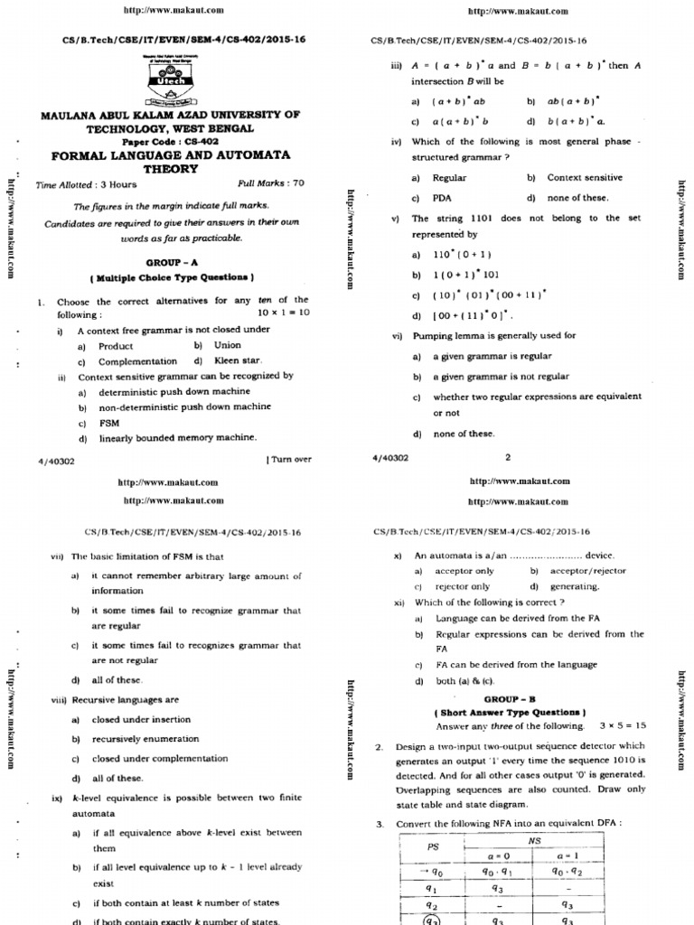 Btech Cse 4 Sem Formal Language and Automata Theory 2016 | PDF
