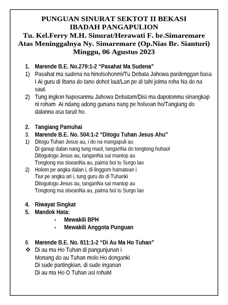 Acara Mangapuli Keluarga Sinurat | PDF