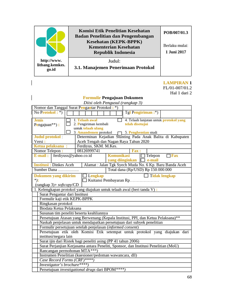 Form Etik - Formulir Pengajuan Berkas Protokol | PDF