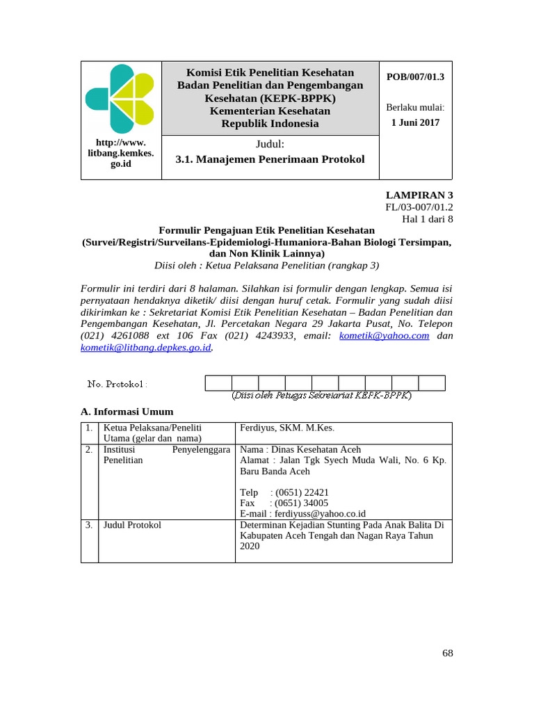 Form Etik - Formulir Pengajuan Protokol - Epid Public Health | PDF