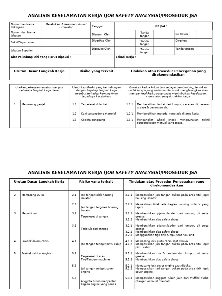 JSA Melakukan Assessment Di Unit Excavator | PDF