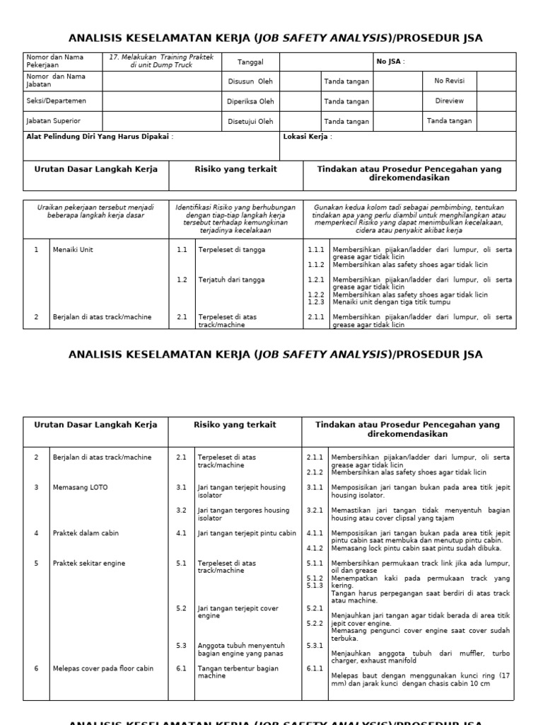Prosedur JSA untuk Dump Truck | PDF