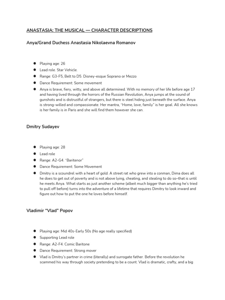 Anastasia Musical Character Overview | PDF | House Of Romanov | Russian ...