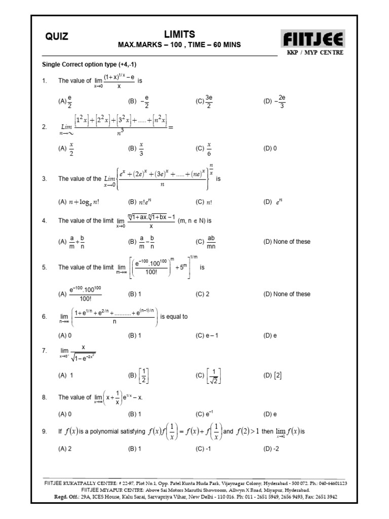 Limits Quiz With Sol | PDF | Trigonometric Functions | Mathematics