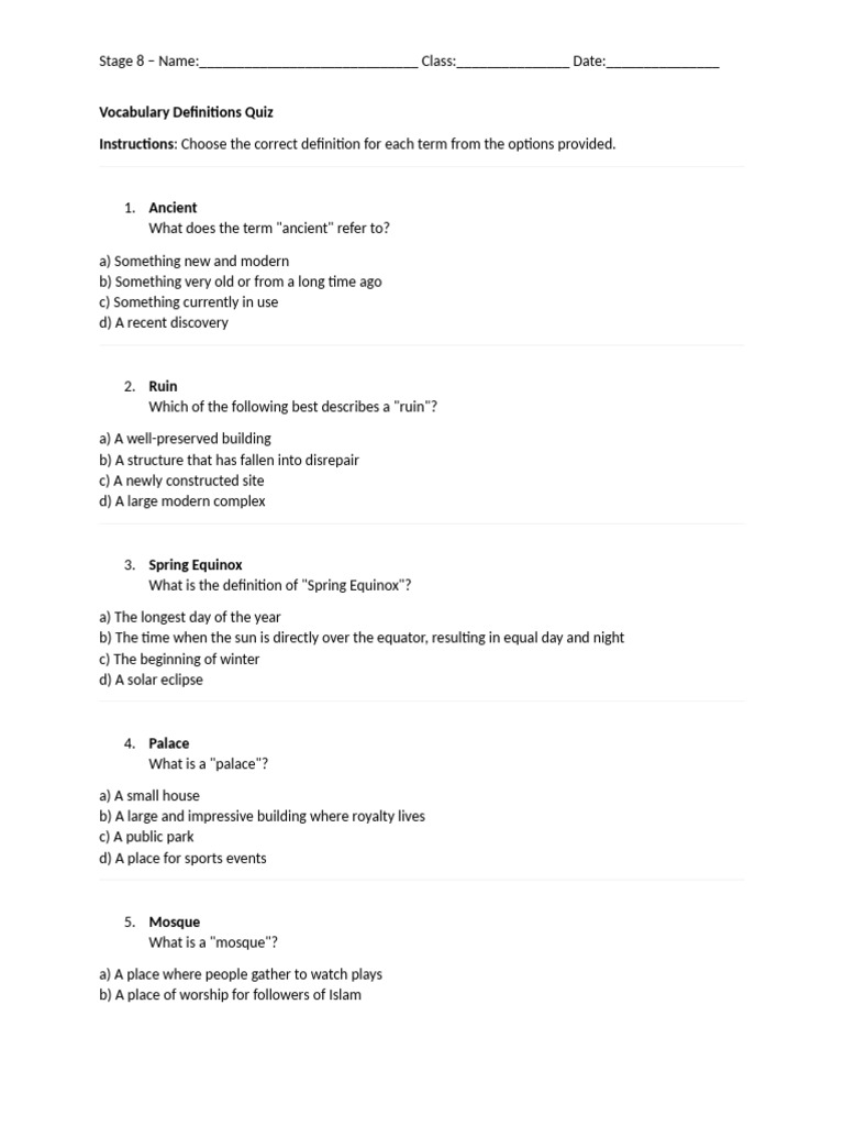Vocabulary Definitions Quiz Instructions | PDF | Church (Building)