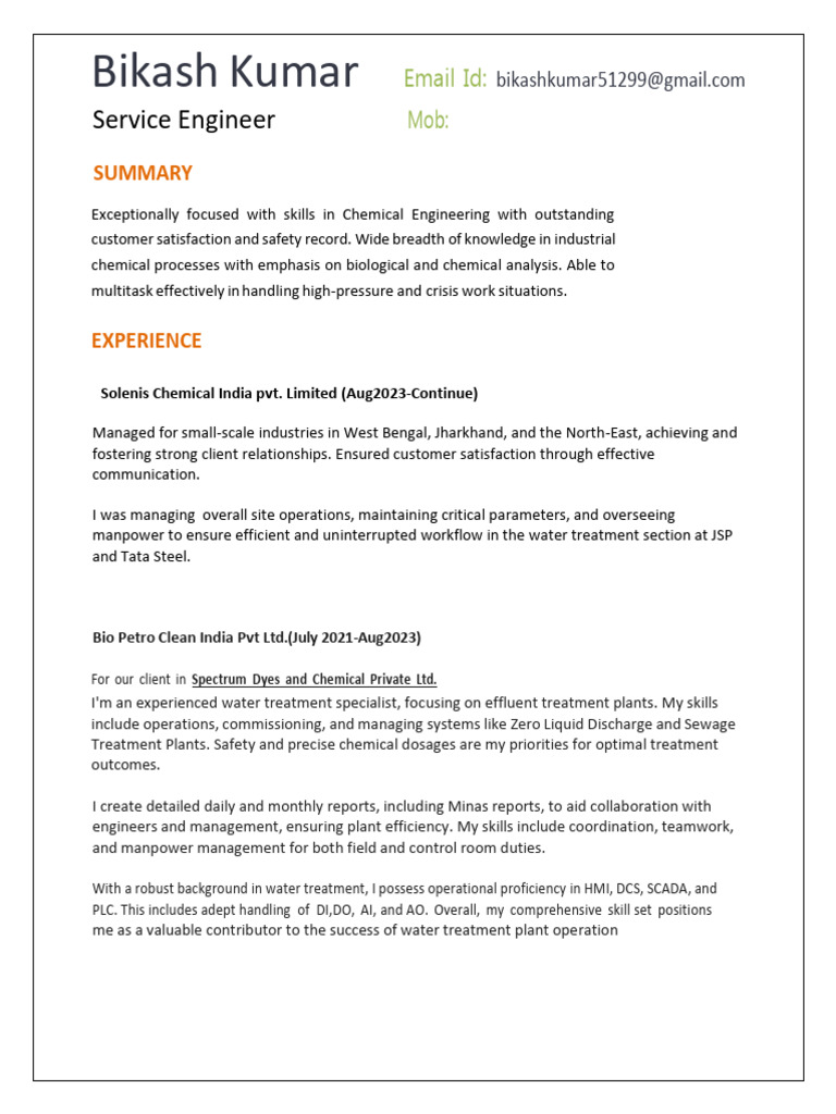 Bikash Kumar 25 Service Engineer | PDF | Water Treatment | Engineering