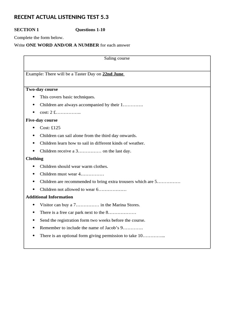 Recent Actual Listening Test 5.3: Section 1 Questions 1-10 | PDF ...
