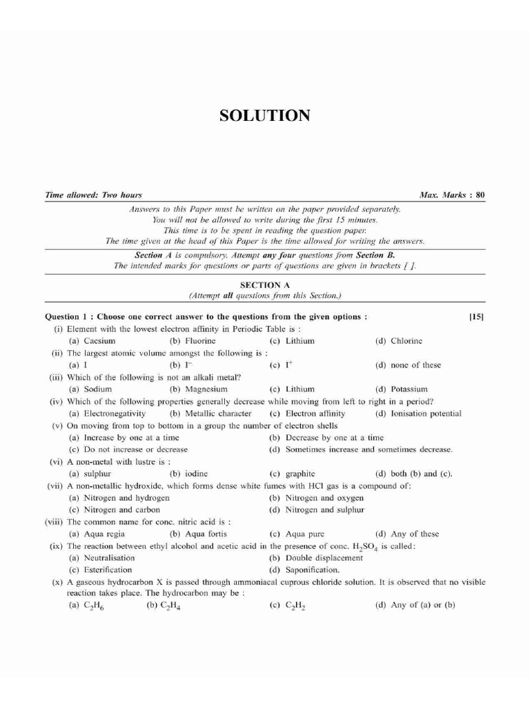 X Icse Chemistry - Sample Paper 1 - Solved - 2024 | PDF