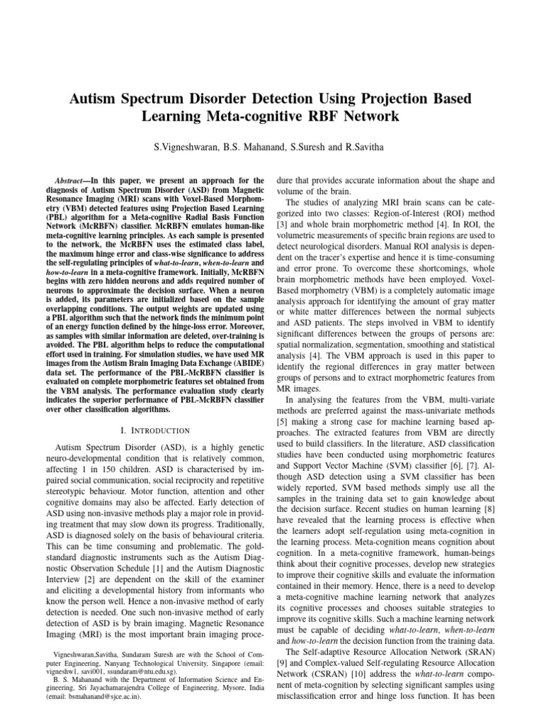 Autism Spectrum Disorder Detection Using Projection Based Learning Meta-Cognitive RBF Network ...
