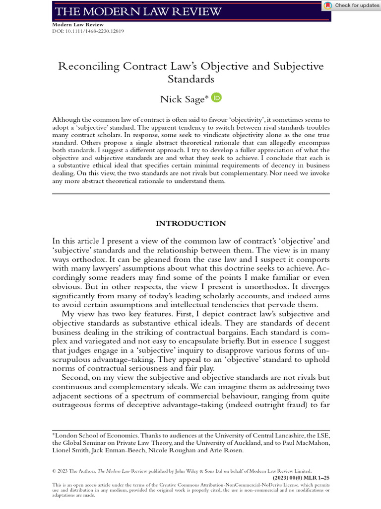 Sage Reconciling Contract Laws Objective and Subjective Standards Published | PDF | Reasonable ...